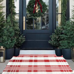 christmas door mat outdoor 27.5” x 43” red and white plaid rug christmas decor rug cotton hand-woven layered door mats washable carpet for front porch, kitchen, farmhouse, entryway (27.5” x 43”)