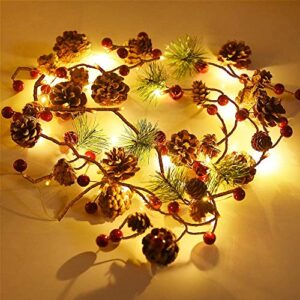 funpeny christmas pinecones string lights, 6.56ft 20 led pine needles red berries fall light garland, indoor outdoor decor for thanksgiving christmas autumn themed party decorations