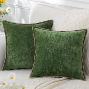 decoruhome chenille soft throw pillow covers 18x18 set of 2, spring farmhouse velvet pillow covers, decorative square pillow covers with stitched edge for couch sofa bed, forest elf