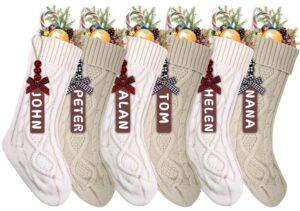 ximishop 6pack christmas stockings, 18inch large personalized cable knitted xmas hanging stocking decorations with name tags for holiday christmas party family decor (khaki and white)