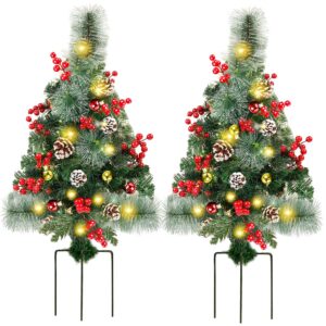 juegoal 2 pack 30 inch pre-lit pathway christmas trees, upgrade artificial xmas urn filler with 60 led lights, red berries and pine cones ornaments, battery operated holiday décor for driveway, yard