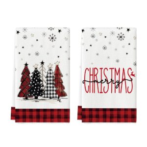 artoid mode black red merry christmas kitchen towels dish towels, 18x26 inch buffalo plaid winter xmas trees star decoration hand towels set of 2