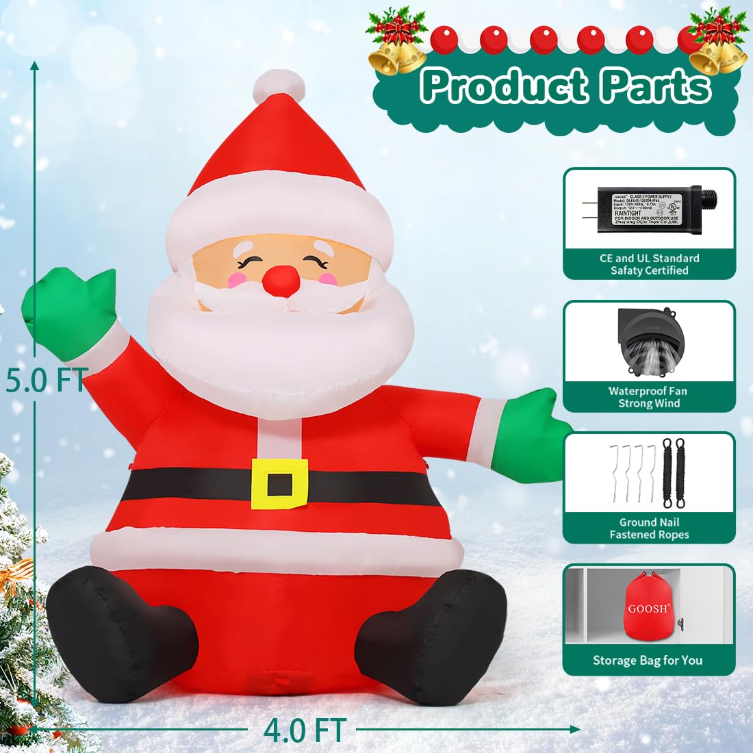 GOOSH 5 FT Inflatable Outdoor Santa Decoration with Built-in LEDs for Holiday Yard and Garden