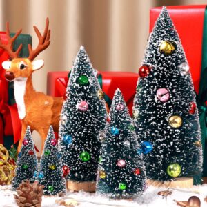 eimmbd 5pcs mini christmas trees decorations artificial christmas trees tabletop bottle brush trees small trees with snow and colorful beads for indoor outdoor home village winter holiday decor