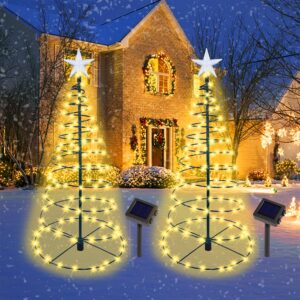 dynaming 2 pack solar spiral christmas trees with warm white lights, 26" outdoor light up xmas pathway markers with stake, auto on/off & waterproof lights for winter patio yard walkway driveway decor