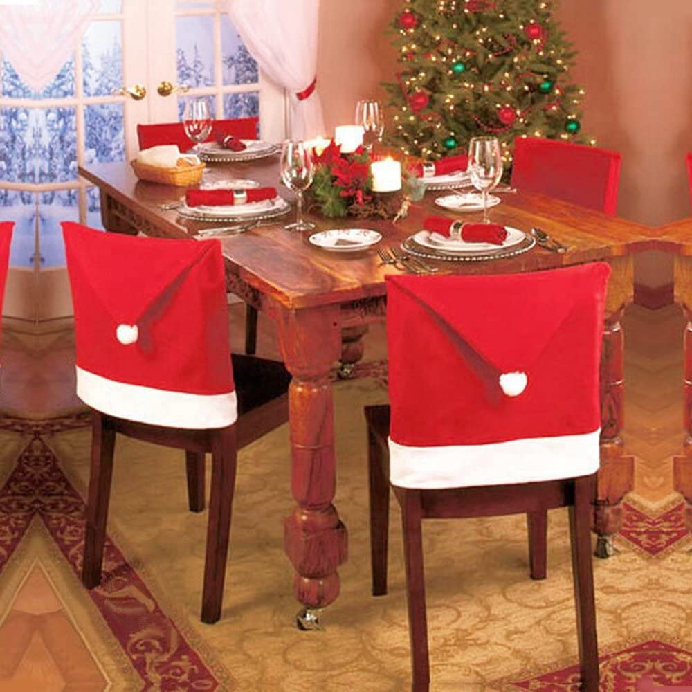 IXI 4-Pieces Christmas Chair Covers - Red Non-Woven Fabrics Santa Claus Hat Chair Back Covers for Xmas Decor