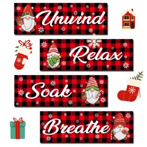 4 pieces christmas bathroom wall decor christmas gnome wood relax soak unwind breathe wall art bathroom sign hanging snowman winter xmas wooden sign for christmas winter living room laundry bathroom