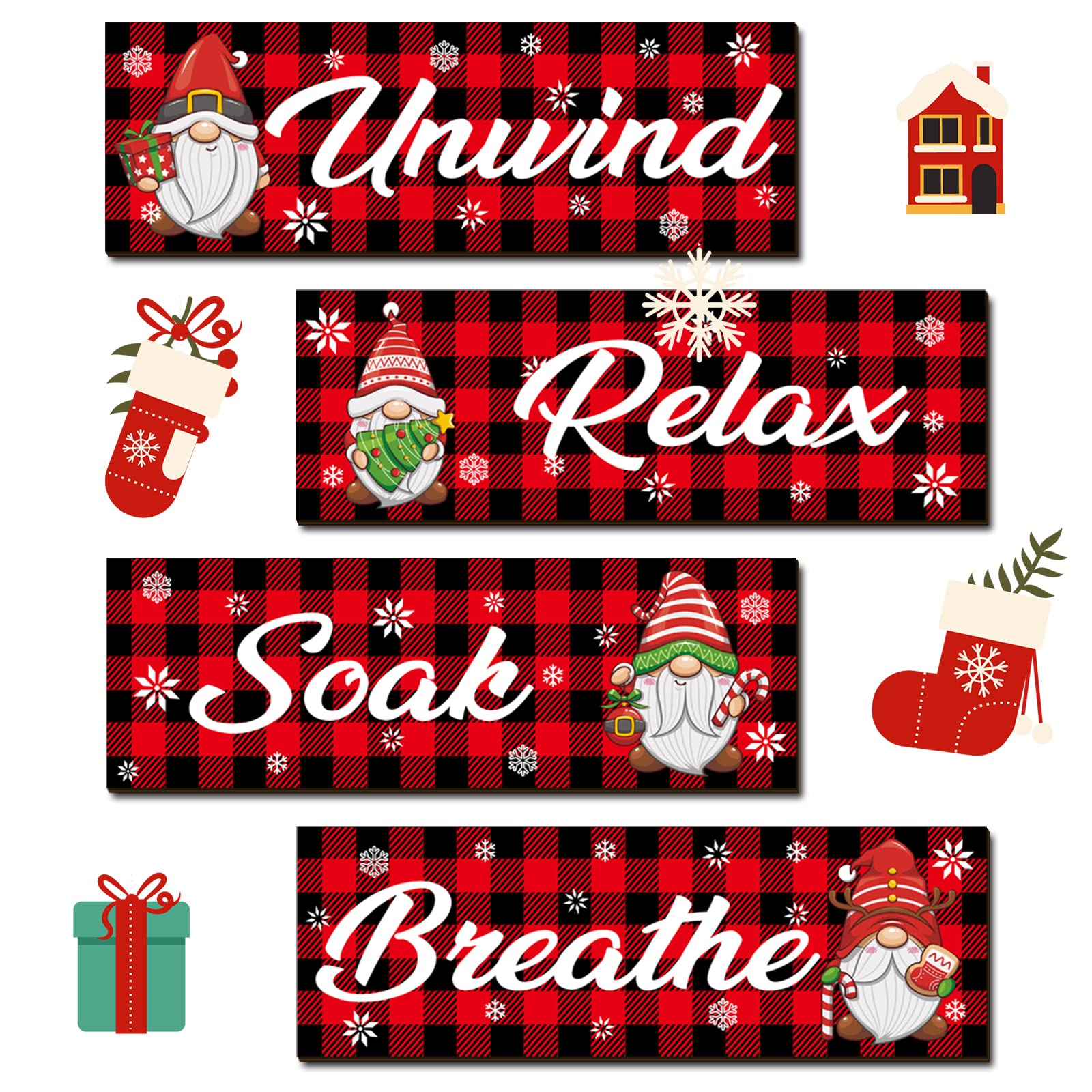 4 Pieces Christmas Bathroom Wall Decor Christmas Gnome Wood Relax Soak Unwind Breathe Wall Art Bathroom Sign Hanging Snowman Winter Xmas Wooden Sign for Christmas Winter Living Room Laundry Bathroom