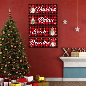 4 Pieces Christmas Bathroom Wall Decor Christmas Gnome Wood Relax Soak Unwind Breathe Wall Art Bathroom Sign Hanging Snowman Winter Xmas Wooden Sign for Christmas Winter Living Room Laundry Bathroom