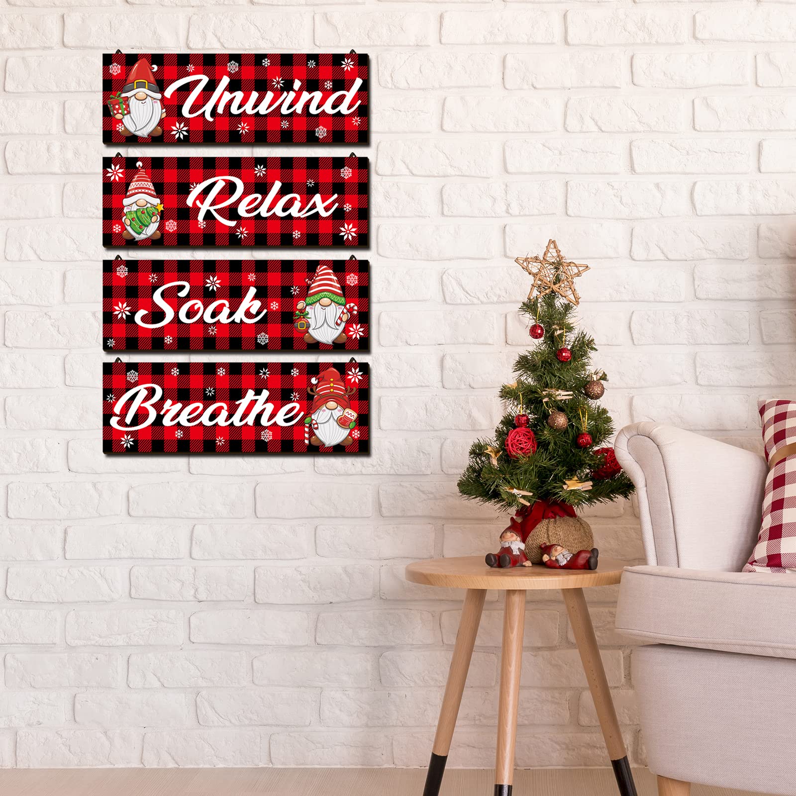 4 Pieces Christmas Bathroom Wall Decor Christmas Gnome Wood Relax Soak Unwind Breathe Wall Art Bathroom Sign Hanging Snowman Winter Xmas Wooden Sign for Christmas Winter Living Room Laundry Bathroom