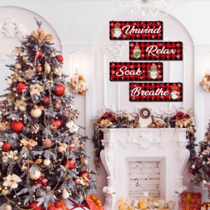 4 Pieces Christmas Bathroom Wall Decor Christmas Gnome Wood Relax Soak Unwind Breathe Wall Art Bathroom Sign Hanging Snowman Winter Xmas Wooden Sign for Christmas Winter Living Room Laundry Bathroom