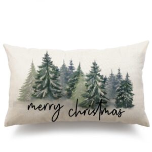 dfxsz christmas pillow covers 12x20 christmas decorations watercolor blue green christmas tree rustic style nature forest print decorative throw pillows winter christmas decor