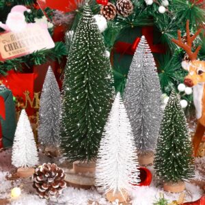 hatisan mini christmas trees with wooden base, bottle brush artificial trees for tabletop decor (green, silver, white)