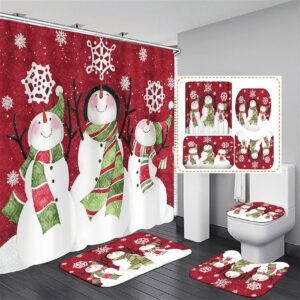 azhm christmas shower curtain sets with non-slip rugs toilet lid cover and bath mat snowman shower curtains with 12 hooks 4 piece bathroom decor set xmas gifts for christmas