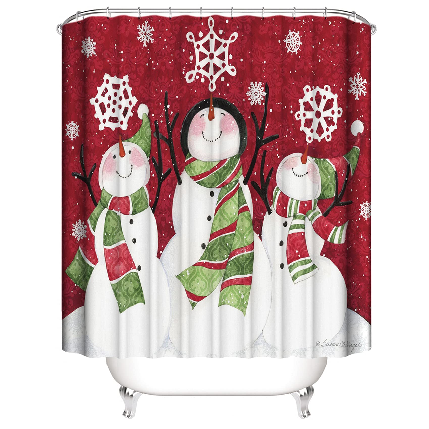 AZHM Christmas Shower Curtain Sets with Non-Slip Rugs Toilet Lid Cover and Bath Mat Snowman Shower Curtains with 12 Hooks 4 Piece Bathroom Decor Set Xmas Gifts for Christmas