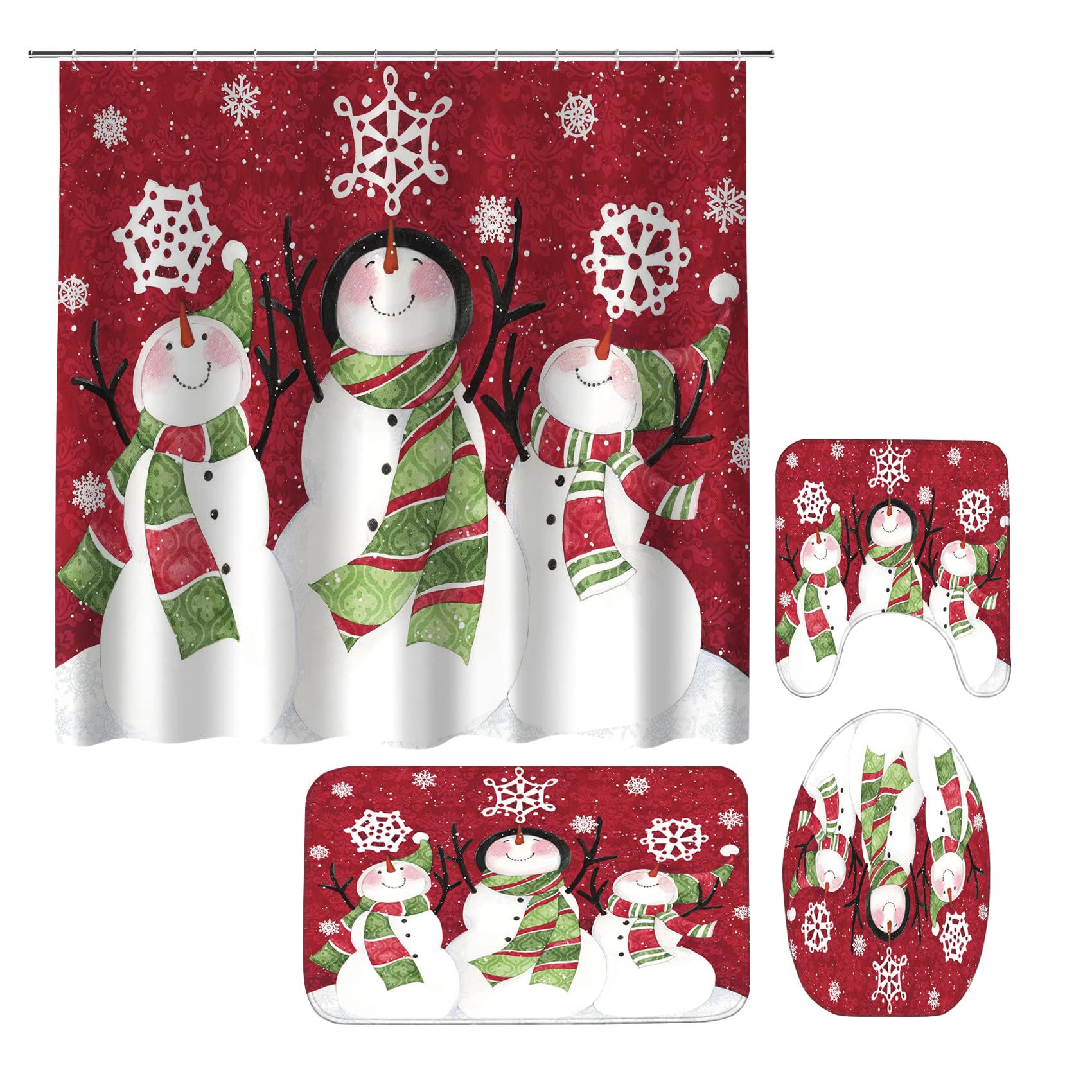 AZHM Christmas Shower Curtain Sets with Non-Slip Rugs Toilet Lid Cover and Bath Mat Snowman Shower Curtains with 12 Hooks 4 Piece Bathroom Decor Set Xmas Gifts for Christmas