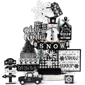 black and white plaid christmas tiered tray decor - snowman, snowflake, gnome, truck, xmas tree wooden signs for table shelf