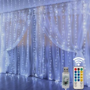 home lighting window curtain string lights, 300 led 8 lighting modes fairy copper light with remote, usb powered waterproof for christmas bedroom party wedding home garden wall decorations, cool white