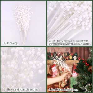 Megoogo 12 PCS Artificial Glitter Berry, White Christmas Glitter Picks Artificial Berries Stems Ornaments Fake Xmas Stem Decorative Sticks for Vases Tall DIY Wreath Home Decor (15.8’’)