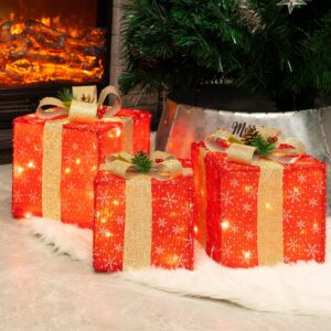 funpeny set of 3 christmas lighted gift boxes, 60 led christmas box decorations, presents boxes with ribbon bows christmas decorations for xmas tree, yard, home, indoor outdoor holiday decor