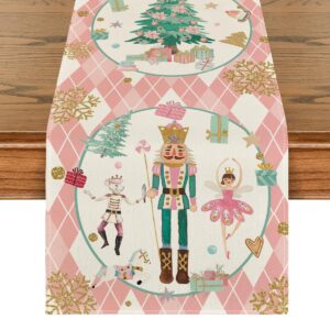 artoid mode pink diamond plaid nutcracker snowflake christmas table runner, seasonal winter kitchen dining table decoration for home party decor 13x72 inch