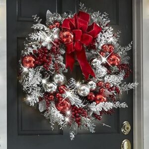 red and white holiday wreath for front door - cordless wall hanging christmas garland trim for indoor and outdoor decor