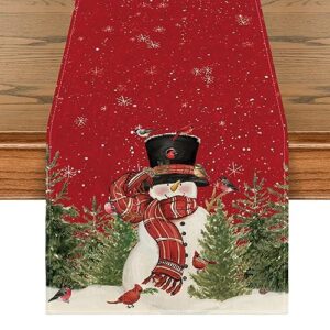 artoid mode snowman christmas birds trees table runner, seasonal winter xmas holiday kitchen dining table decoration for indoor outdoor home party decor 13 x 72 inch