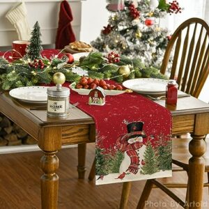 Artoid Mode Snowman Christmas Birds Trees Table Runner, Seasonal Winter Xmas Holiday Kitchen Dining Table Decoration for Indoor Outdoor Home Party Decor 13 x 72 Inch