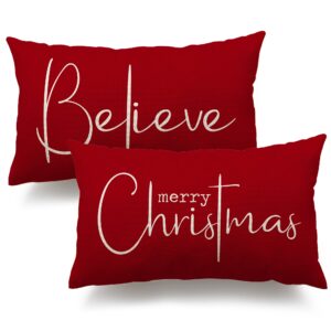 christmas throw pillow covers 12x20 inch set of 2 merry christmas farmhouse decorations believe holiday decor throw cushion case for home couch