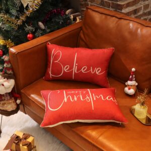 Christmas Throw Pillow Covers 12x20 Inch Set of 2 Merry Christmas Farmhouse Decorations Believe Holiday Decor Throw Cushion Case for Home Couch