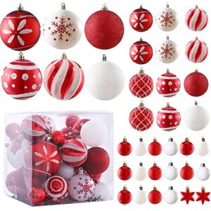 36ct christmas ball ornaments sets, red & white shatterproof balls for christmas tree decorations assorted shapes and sizes hanging ball for holiday festival and party decoration (red white)