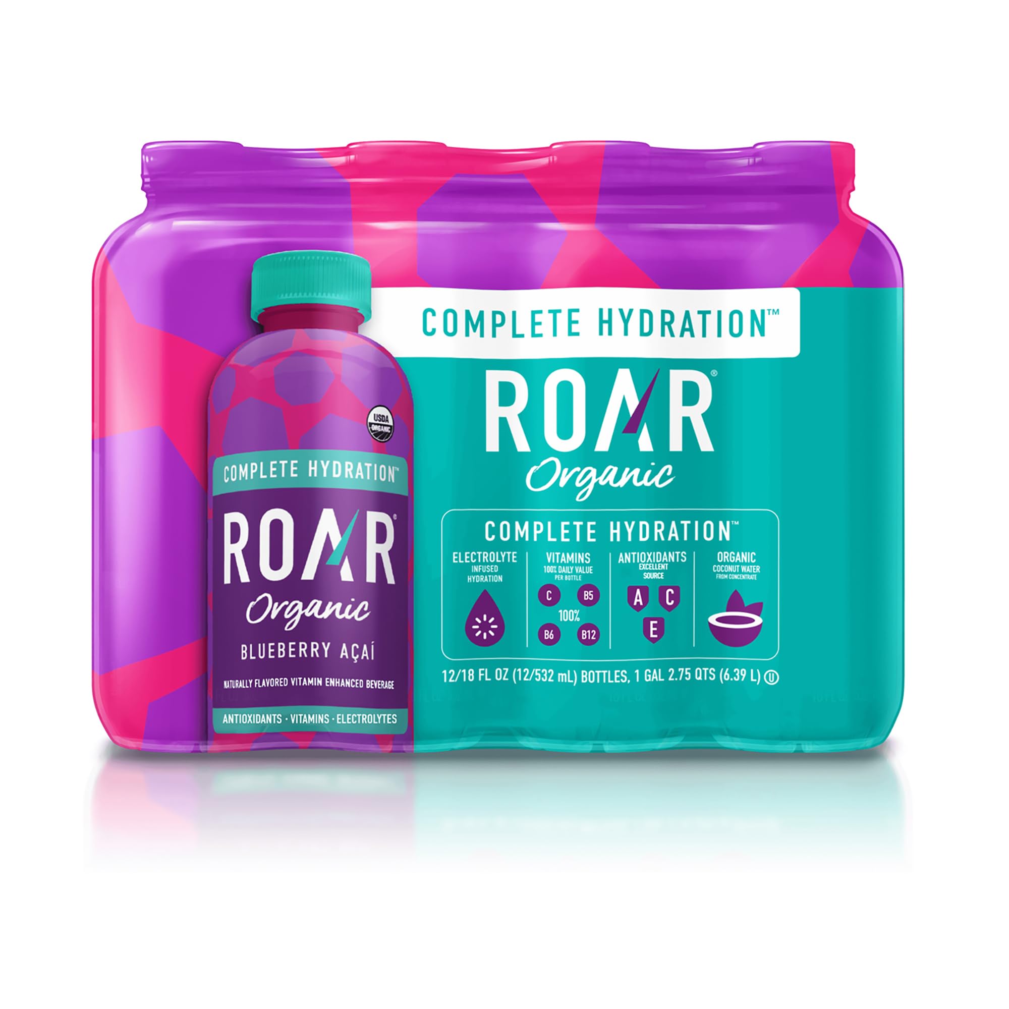 Roar Organic Electrolyte Infusions - USDA Organic - Blueberry Acai - with Antioxidants, B Vitamins, Low-Calorie, Low-Sugar, Low-Carb, Coconut Water Infused Beverage 18 Fl Oz (Pack of 12)