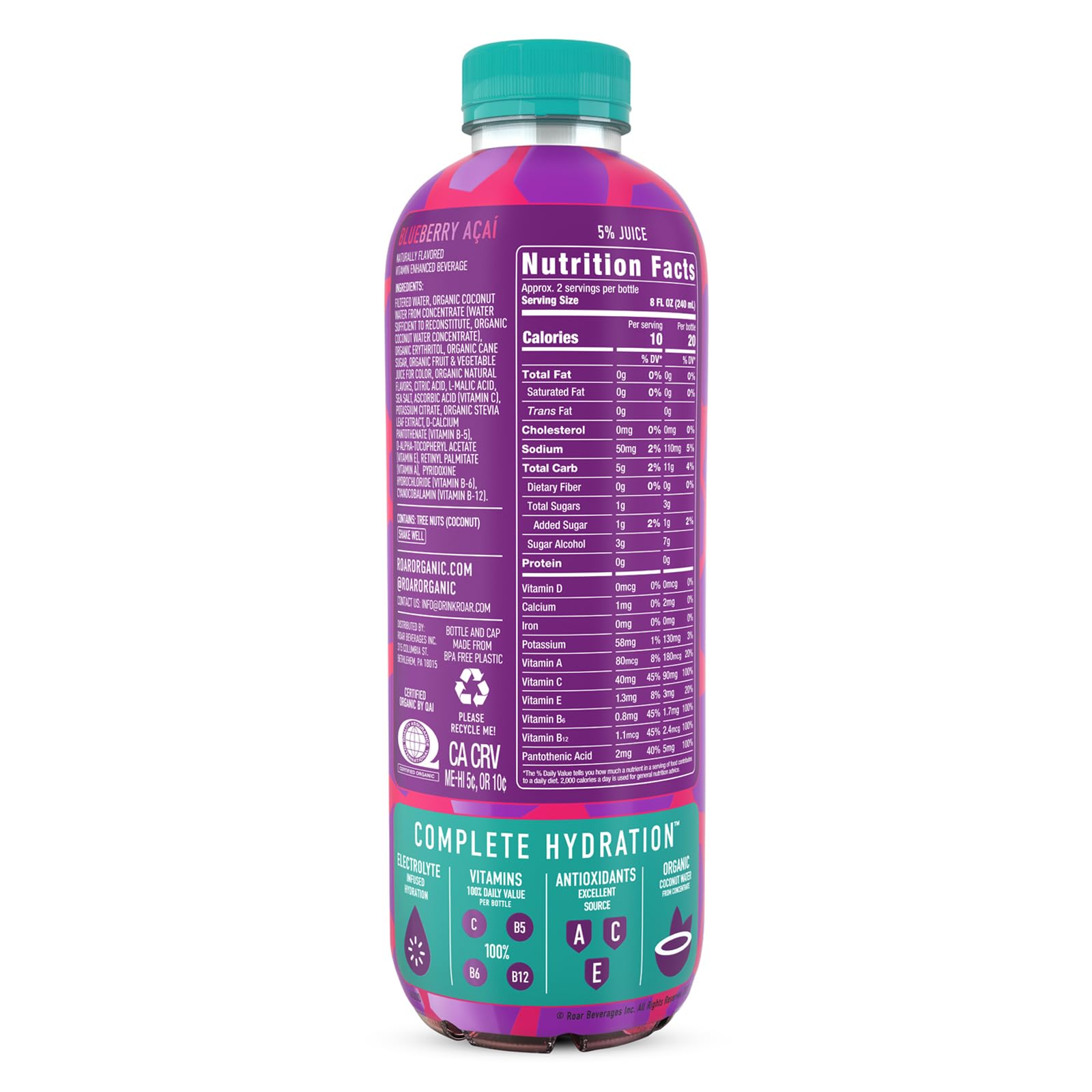 Roar Organic Electrolyte Infusions - USDA Organic - Blueberry Acai - with Antioxidants, B Vitamins, Low-Calorie, Low-Sugar, Low-Carb, Coconut Water Infused Beverage 18 Fl Oz (Pack of 12)