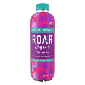 Roar Organic Electrolyte Infusions - USDA Organic - Blueberry Acai - with Antioxidants, B Vitamins, Low-Calorie, Low-Sugar, Low-Carb, Coconut Water Infused Beverage 18 Fl Oz (Pack of 12)