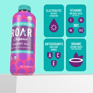 Roar Organic Electrolyte Infusions - USDA Organic - Blueberry Acai - with Antioxidants, B Vitamins, Low-Calorie, Low-Sugar, Low-Carb, Coconut Water Infused Beverage 18 Fl Oz (Pack of 12)