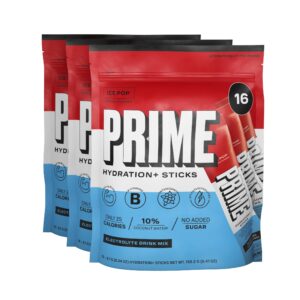 prime hydration+ sticks ice pop | hydration powder single serve sticks | electrolyte powder on the go | low sugar | caffeine-free | vegan | 48 sticks