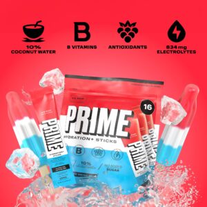 PRIME HYDRATION+ Sticks ICE POP | Hydration Powder Single Serve Sticks | Electrolyte Powder On The Go | Low Sugar | Caffeine-Free | Vegan | 48 Sticks