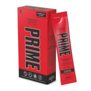 prime hydration+ sticks tropical punch | hydration powder single serve sticks | electrolyte powder on the go | low sugar | caffeine-free | vegan | 6 sticks