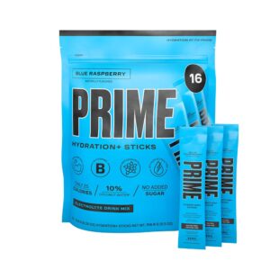 prime hydration+ sticks blue raspberry | hydration powder single serve sticks | electrolyte powder on the go | 250mg bcaas, b vitamins, antioxidants | low sugar | caffeine-free | vegan | 16 sticks