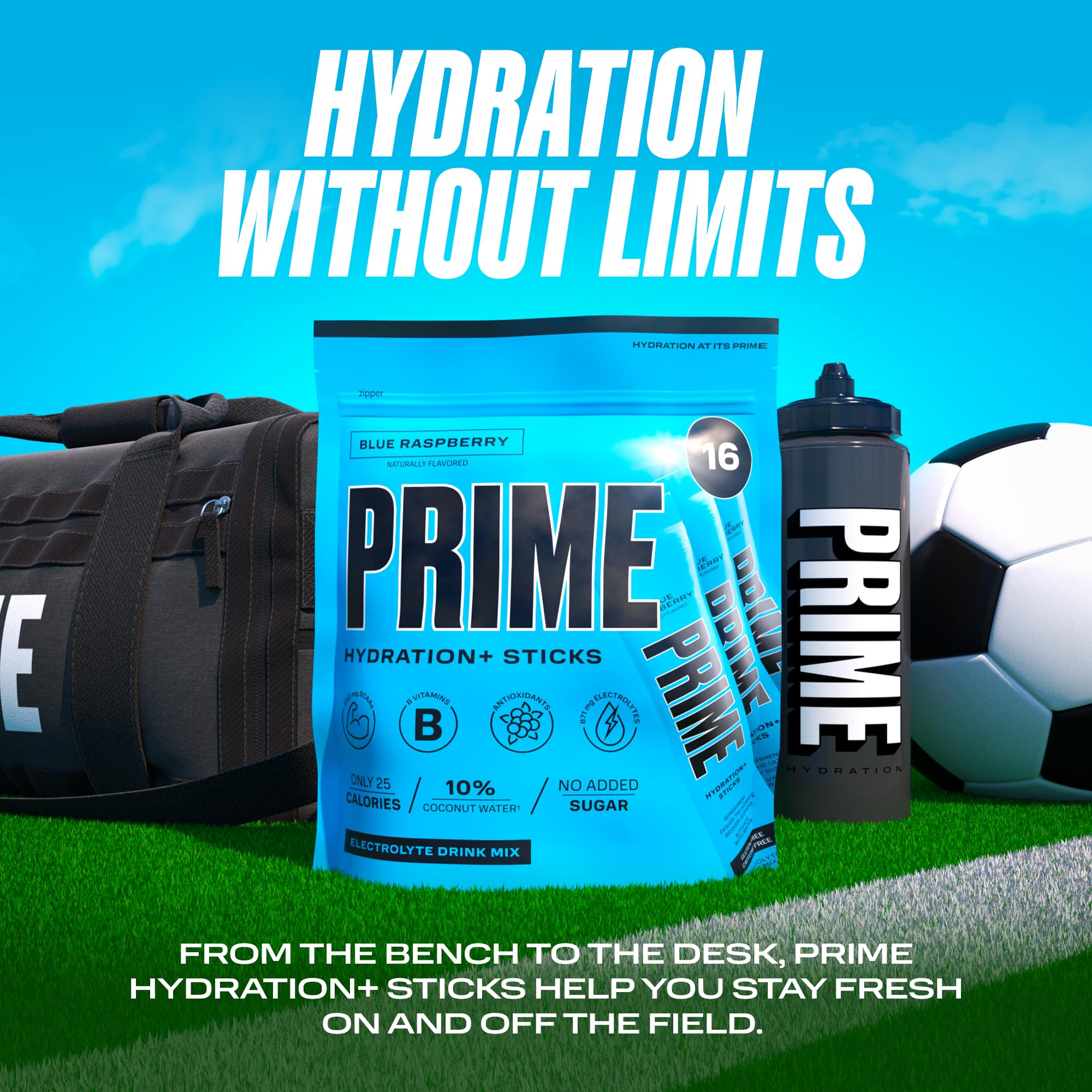 PRIME HYDRATION+ Sticks Blue Raspberry | Hydration Powder Single Serve Sticks | Electrolyte Powder On The Go | 250mg BCAAs, B Vitamins, Antioxidants | Low Sugar | Caffeine-Free | Vegan | 16 Sticks