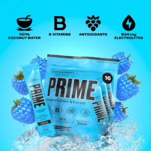 PRIME HYDRATION+ Sticks Blue Raspberry | Hydration Powder Single Serve Sticks | Electrolyte Powder On The Go | 250mg BCAAs, B Vitamins, Antioxidants | Low Sugar | Caffeine-Free | Vegan | 16 Sticks