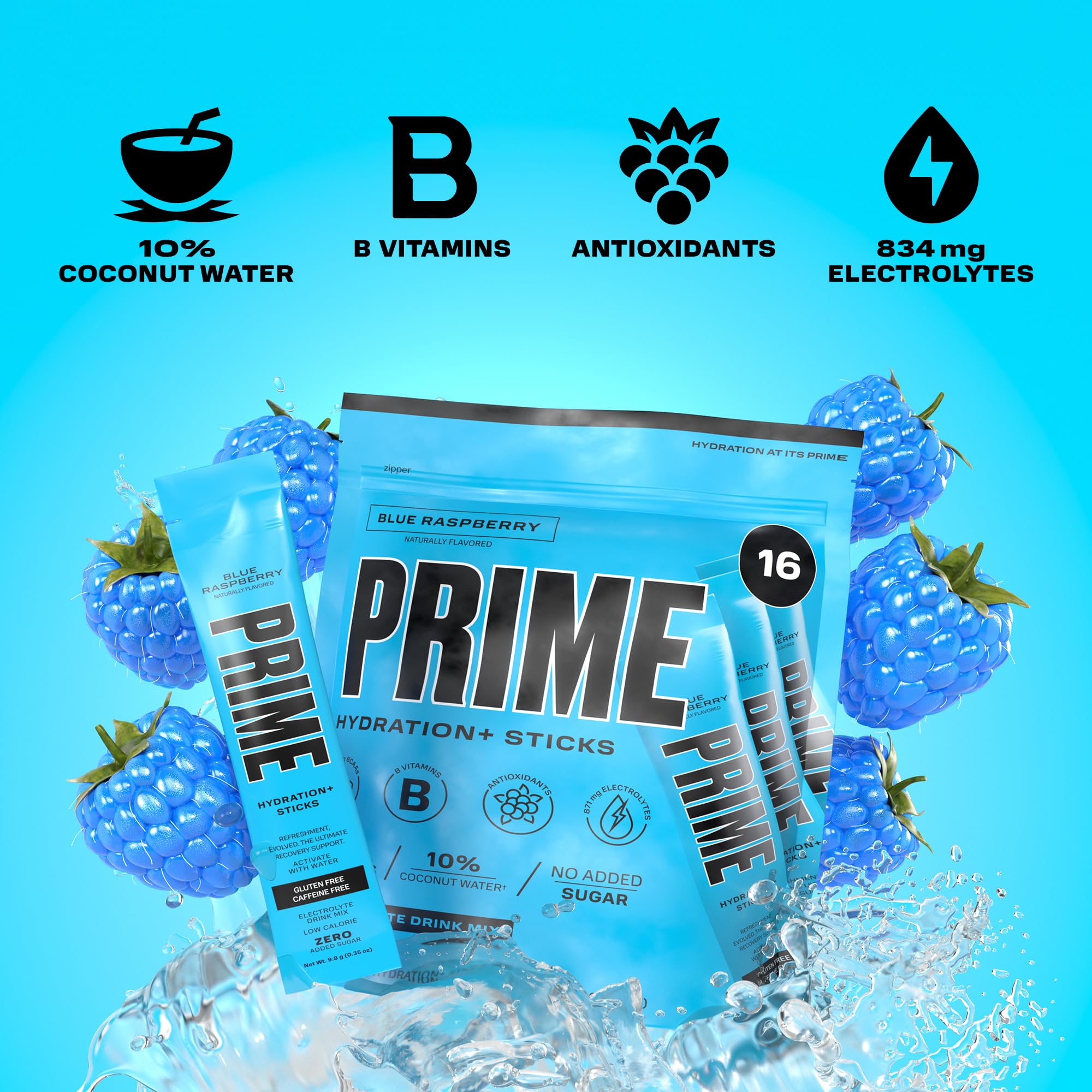 PRIME HYDRATION+ Sticks Blue Raspberry | Hydration Powder Single Serve Sticks | Electrolyte Powder On The Go | 250mg BCAAs, B Vitamins, Antioxidants | Low Sugar | Caffeine-Free | Vegan | 16 Sticks