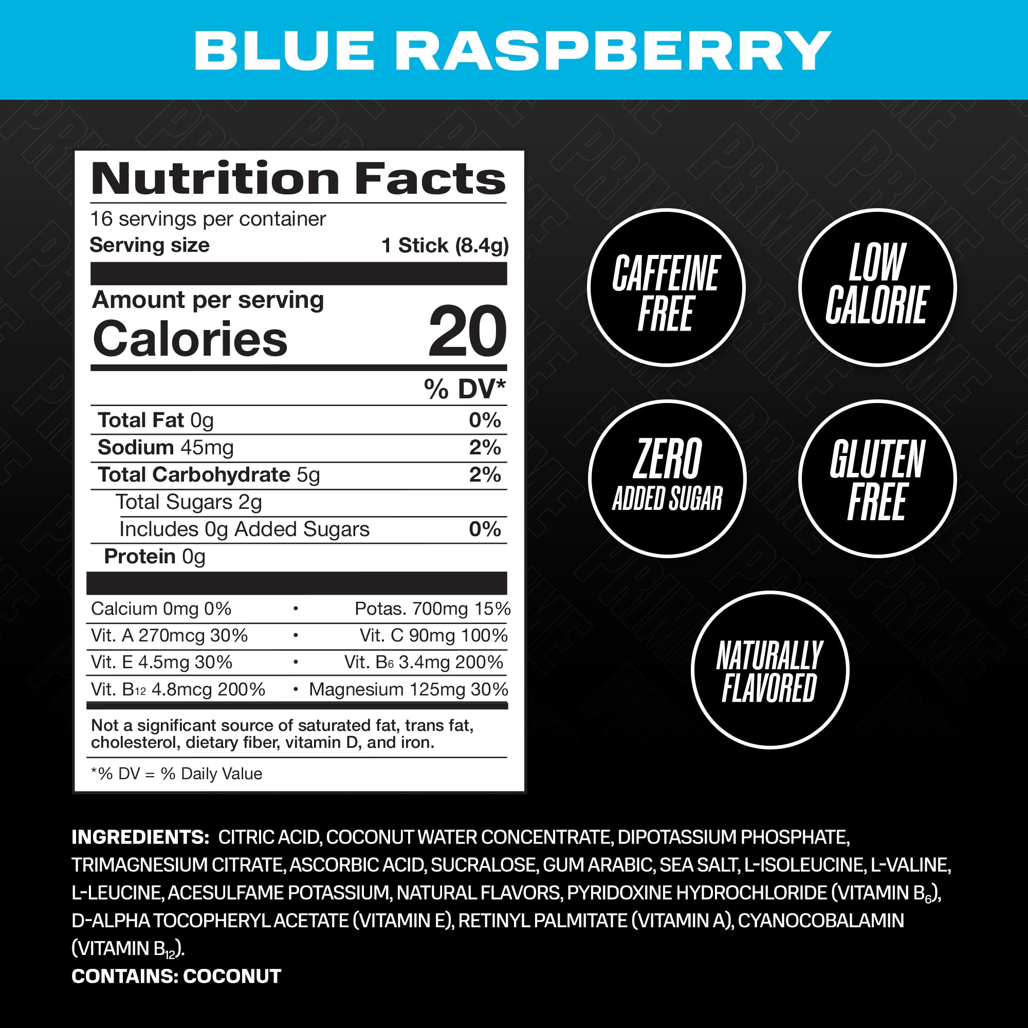 PRIME HYDRATION+ Sticks Blue Raspberry | Hydration Powder Single Serve Sticks | Electrolyte Powder On The Go | 250mg BCAAs, B Vitamins, Antioxidants | Low Sugar | Caffeine-Free | Vegan | 16 Sticks