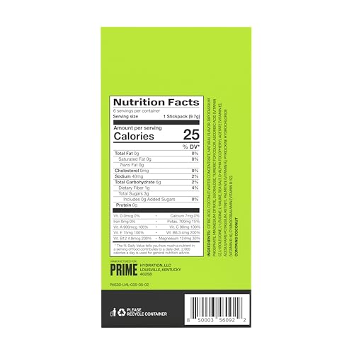 PRIME HYDRATION+ Sticks Lemon Lime | Hydration Powder Single Serve Sticks | Electrolyte Powder On The Go | Low Sugar | Caffeine-Free | Vegan | 6 Sticks