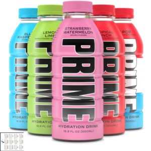 prime hydration sports drink variety bundle - lemon lime, tropical punch, blue raspberry, strawberry melon & ice pop (pack of 5) - 16.9 fl oz by centacure and free sticker!