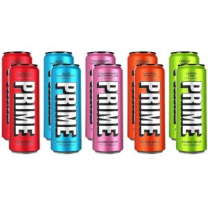 new prime hydration drink energy cans 5 flavor variety sampler pack! - 200mg caffeine, zero sugar, 300mg electrolytes, vegan - (12 fl oz cans) - (10-pack)