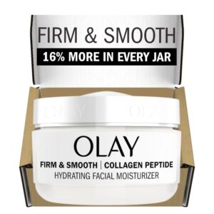 olay firm & smooth collagen peptide face moisturizer, 2 oz fragrance free firming face cream for hydration and skin renewal, recyclable eco jar packaging