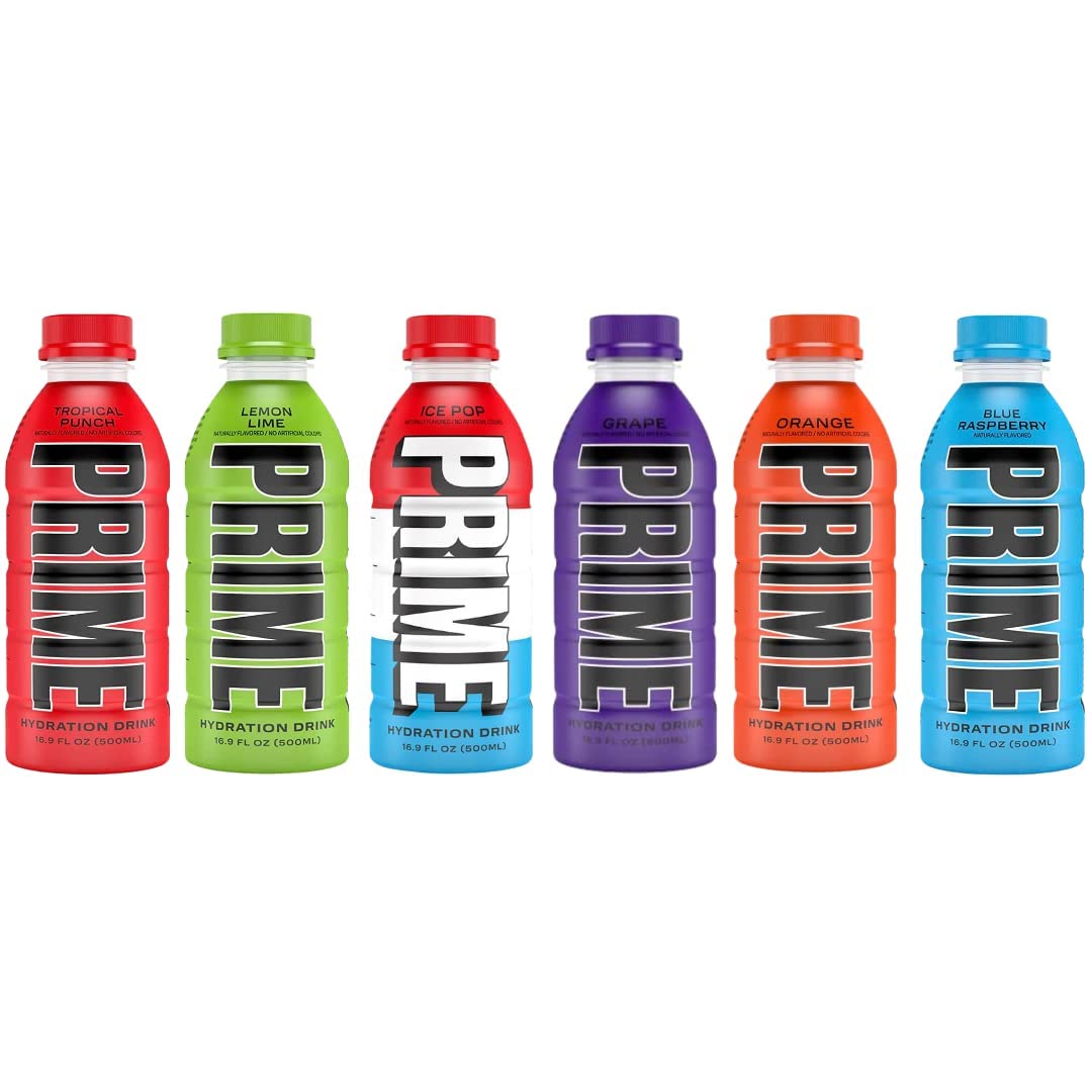 Prime Hydration Drink 6 Flavor Variety 12 Pack (2 of each flavor) Lemon Lime, Tropical Punch, Blue Raspberry, Orange, Grape & Ice Pop W/ Tip The Scales sticker