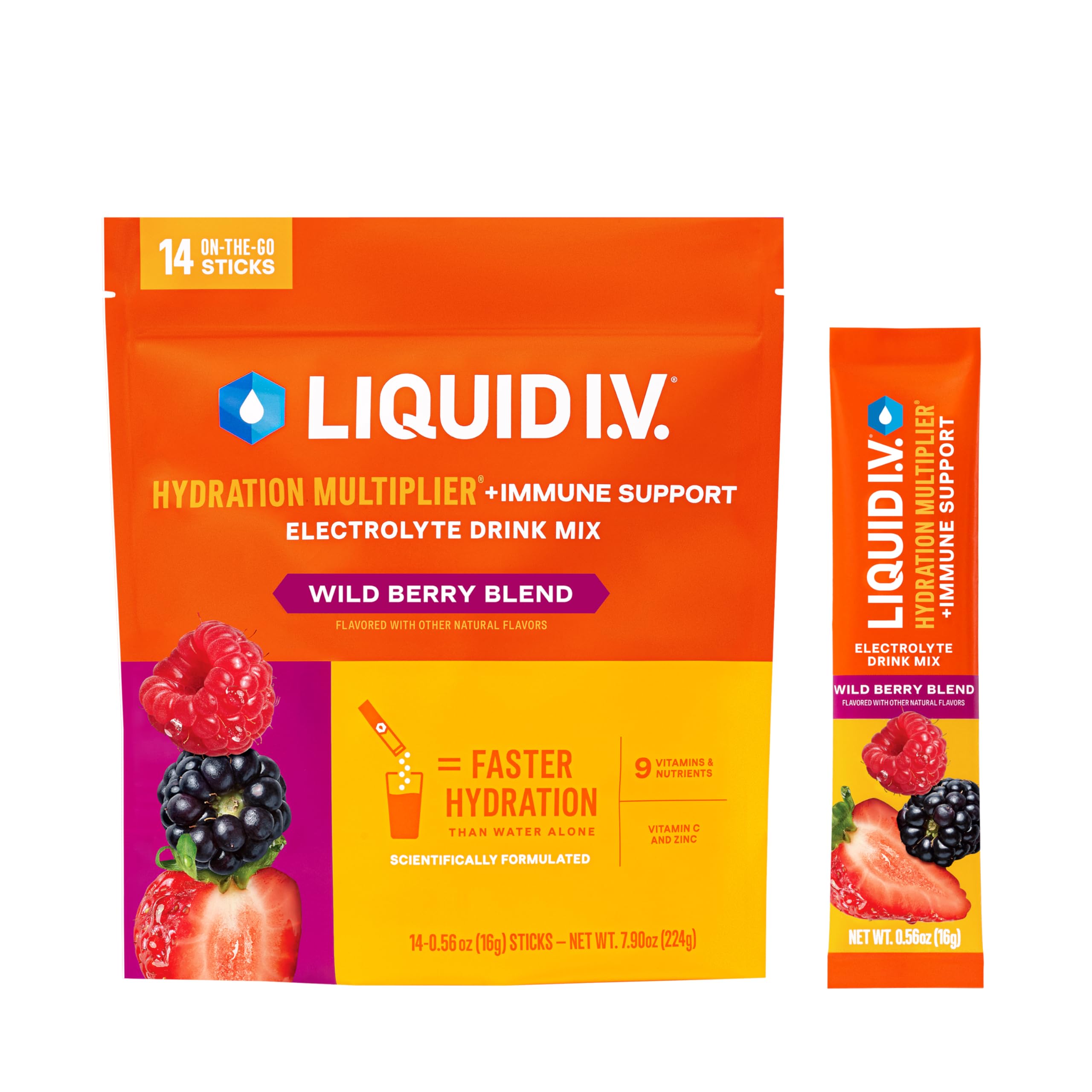 Liquid I.V.® Hydration Multiplier® +Immune Support - Wild Berry - Hydration Powder Packets | Electrolyte Powder Drink Mix | Convenient Single-Serving Sticks | Non-GMO |14 Servings (Pack of 1)