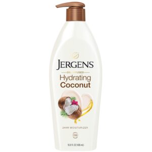 jergens hydrating coconut body lotion, hand and body moisturizer hydrates dry skin instantly, infused with coconut oil, dermatologist tested, 16.8 oz